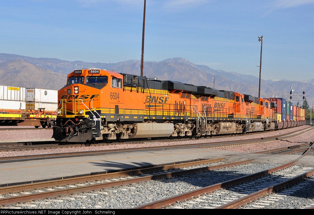BNSF 6604 (ES44C4) with a L.A. bound stack train at San Bernardino CA. 2/13/2010